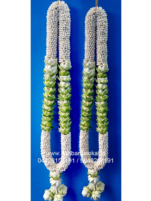 Folded White Lotus with Nanthiyavattai Flower Garland / Nanban Pookkal ...